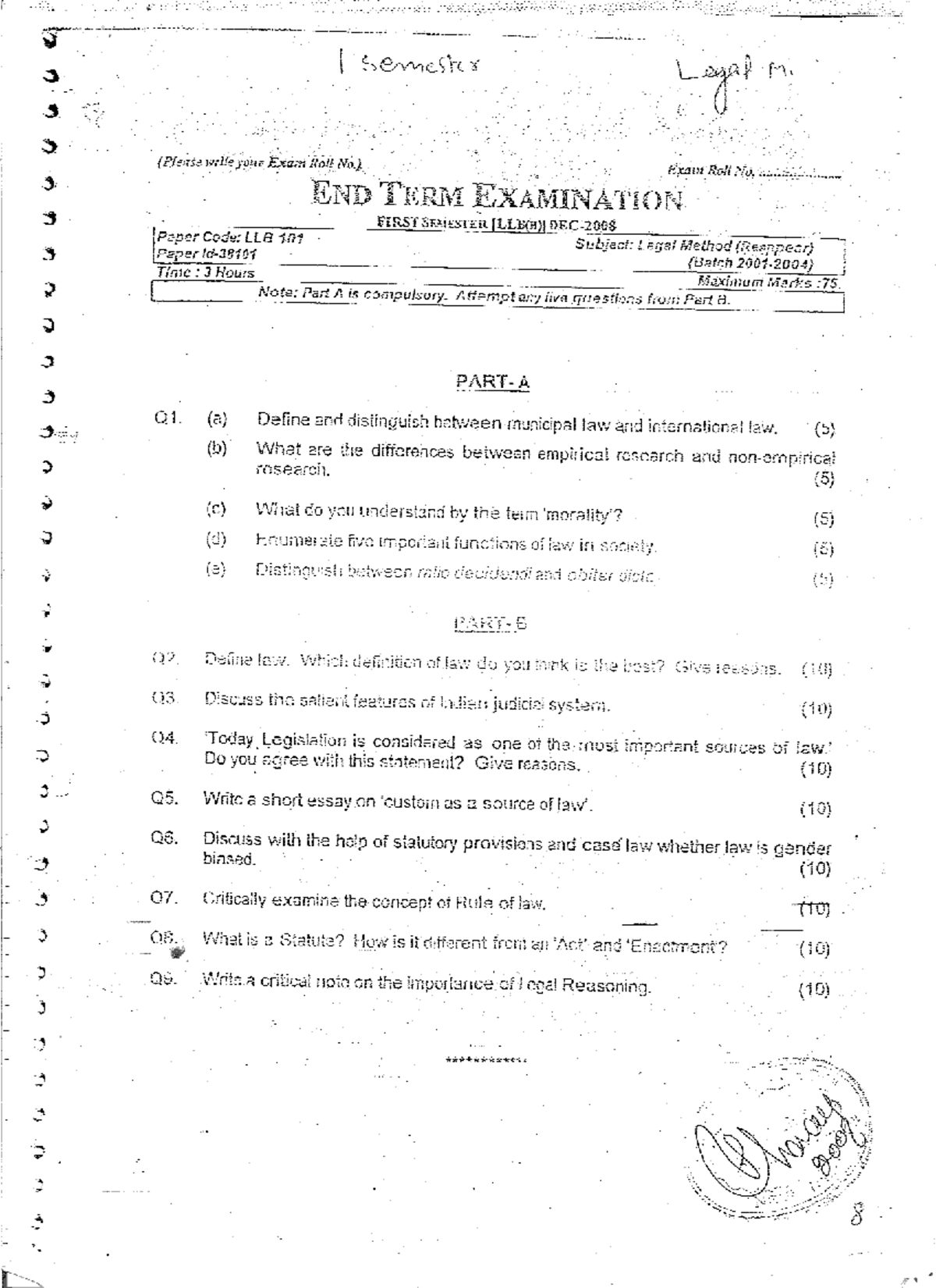 1st Semester LLB 101 Legal Method Final Exam Paper - Studocu