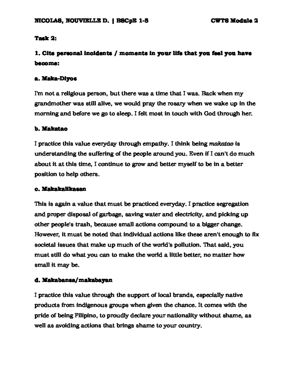 CWTS BSCpE Module 2 Activity 2-4: Personal Reflections on Values - Studocu