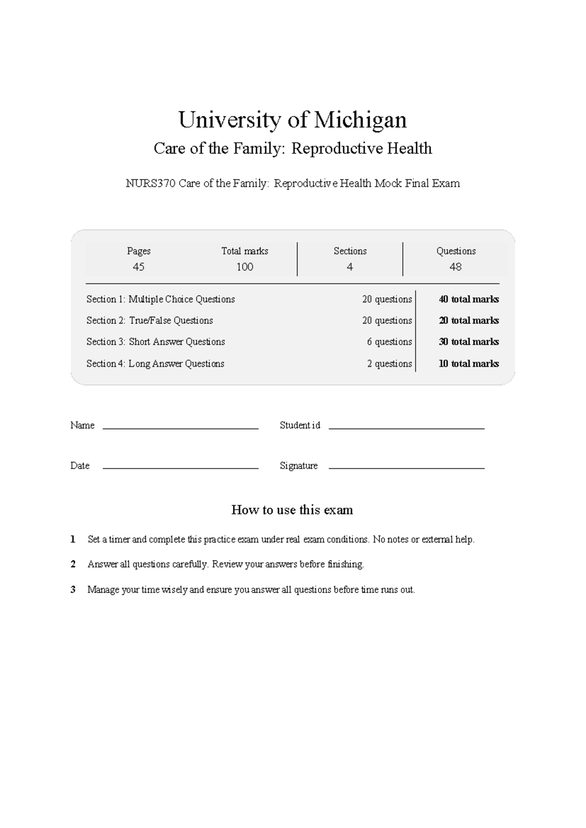 NURS370 Care of the Family: Reproductive Health Mock Final Exam 2026 ...