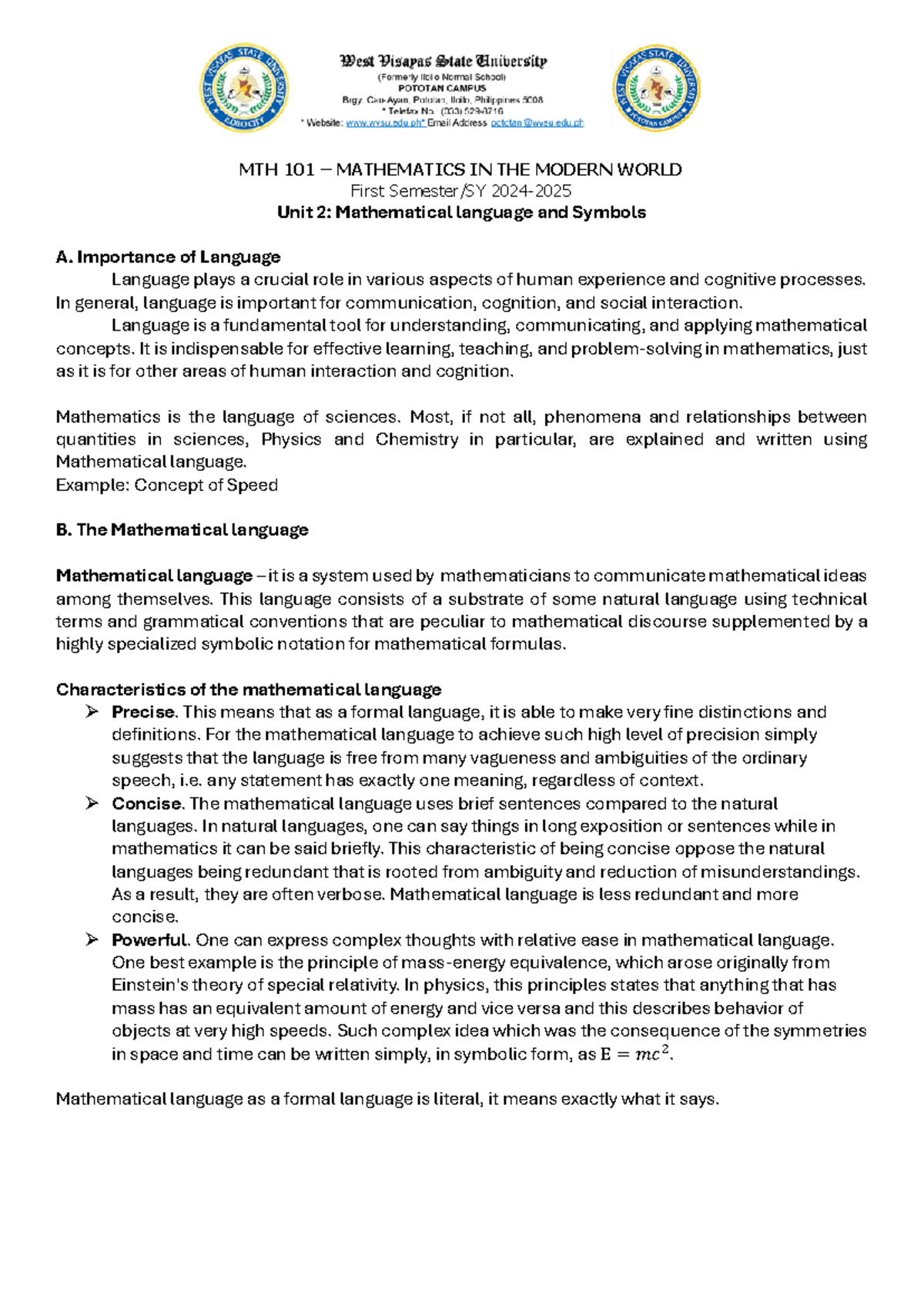 Unit 2 MTH 101 Notes: Mathematical Language & Symbols - Studocu