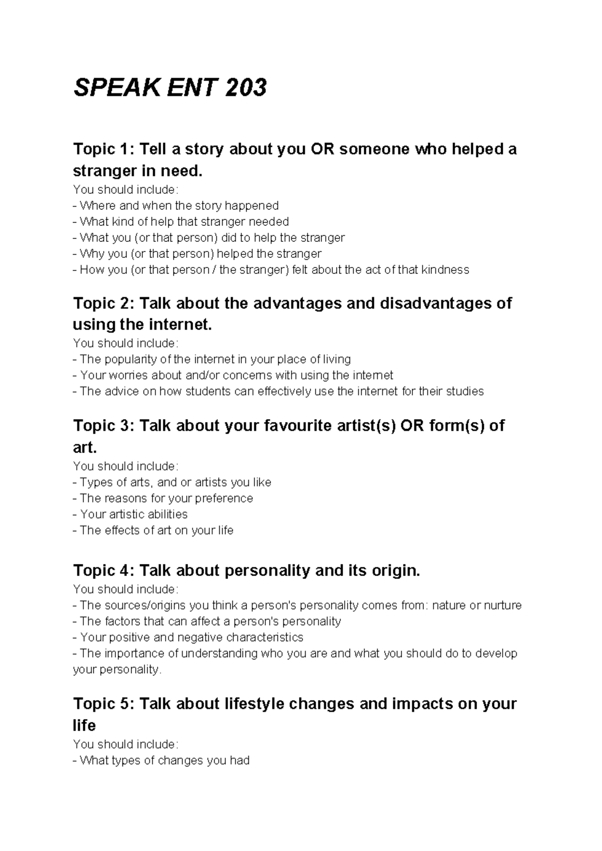 SPEAK ENT 203 Essay Topics: Personal Stories & Insights - Studocu