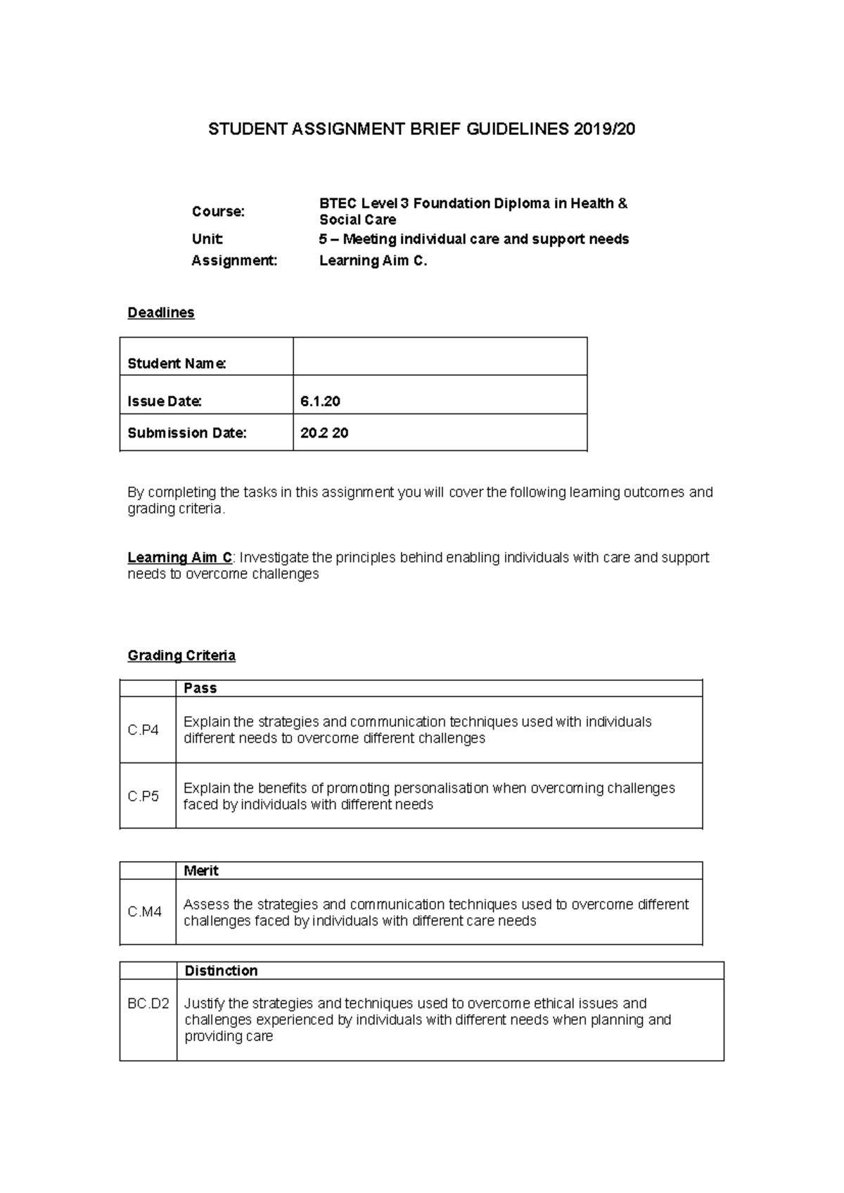 BTEC Level 3 Health & Social Care Unit 5 Assignment Learning Aim C ...