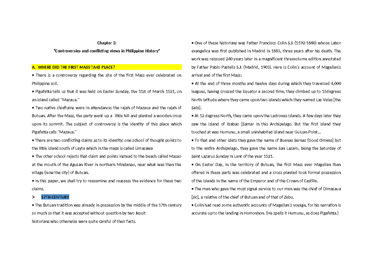 RPH - Chapter 3: The First Mass Controversy in Philippine History - Studocu