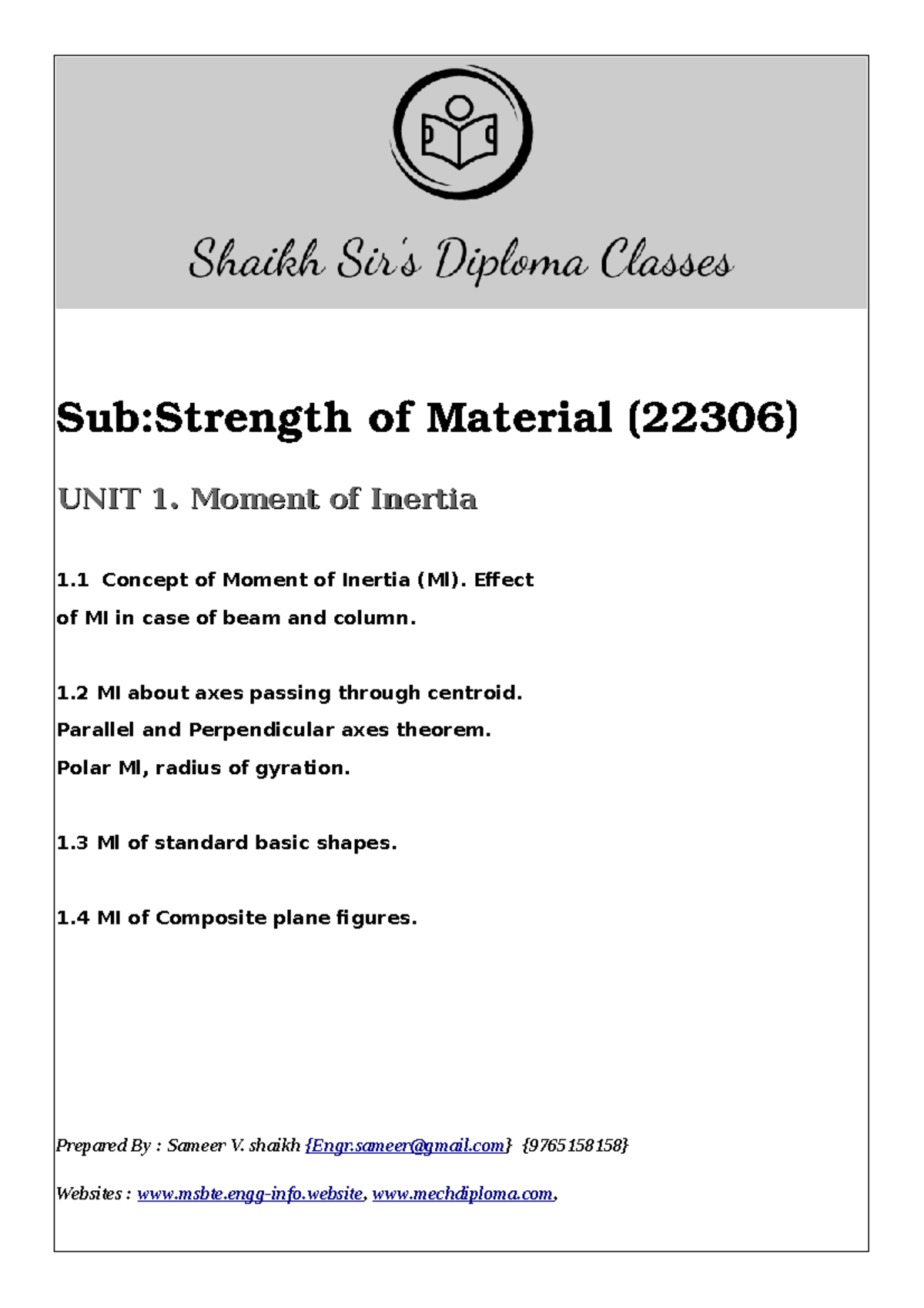 Strength of Material (22306) Unit 1: Moment of Inertia Concepts - Studocu
