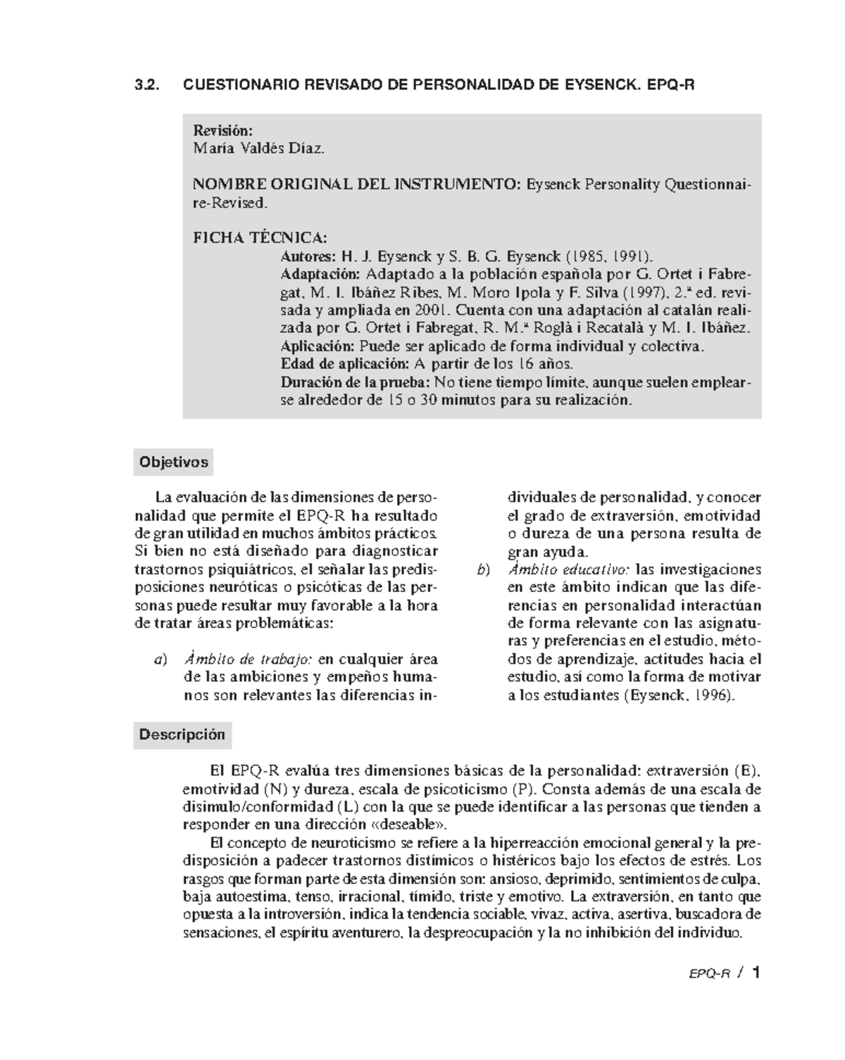 EPQ-R: Cuestionario Revisado de Personalidad de Eysenck (Sección 3.2 ...
