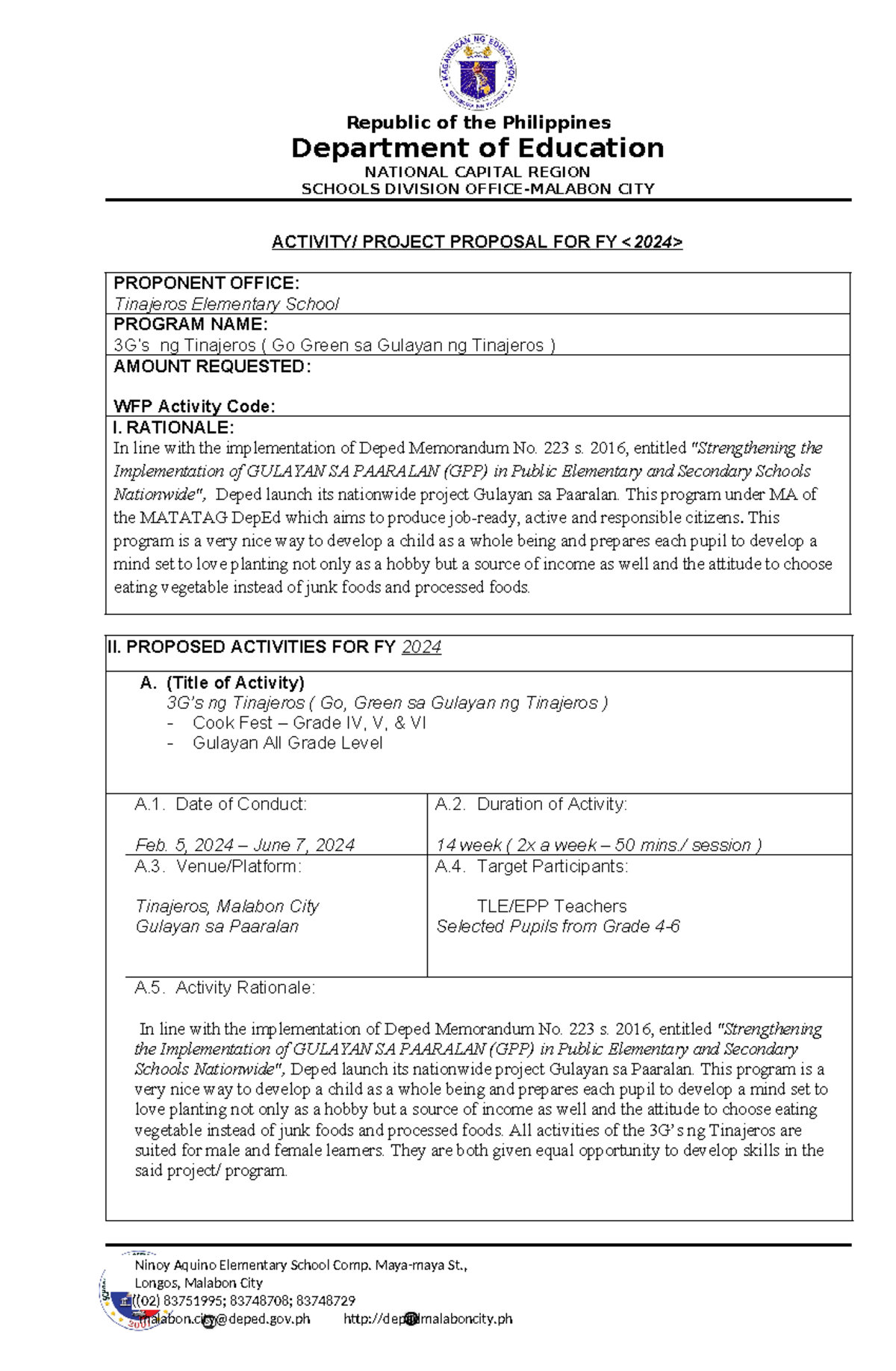 Project Proposal for 3G's ng Tinajeros - TLE-EPP Activity - Studocu