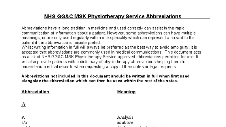 NHS MSK Physiotherapy Service: Approved Abbreviations List - Studocu