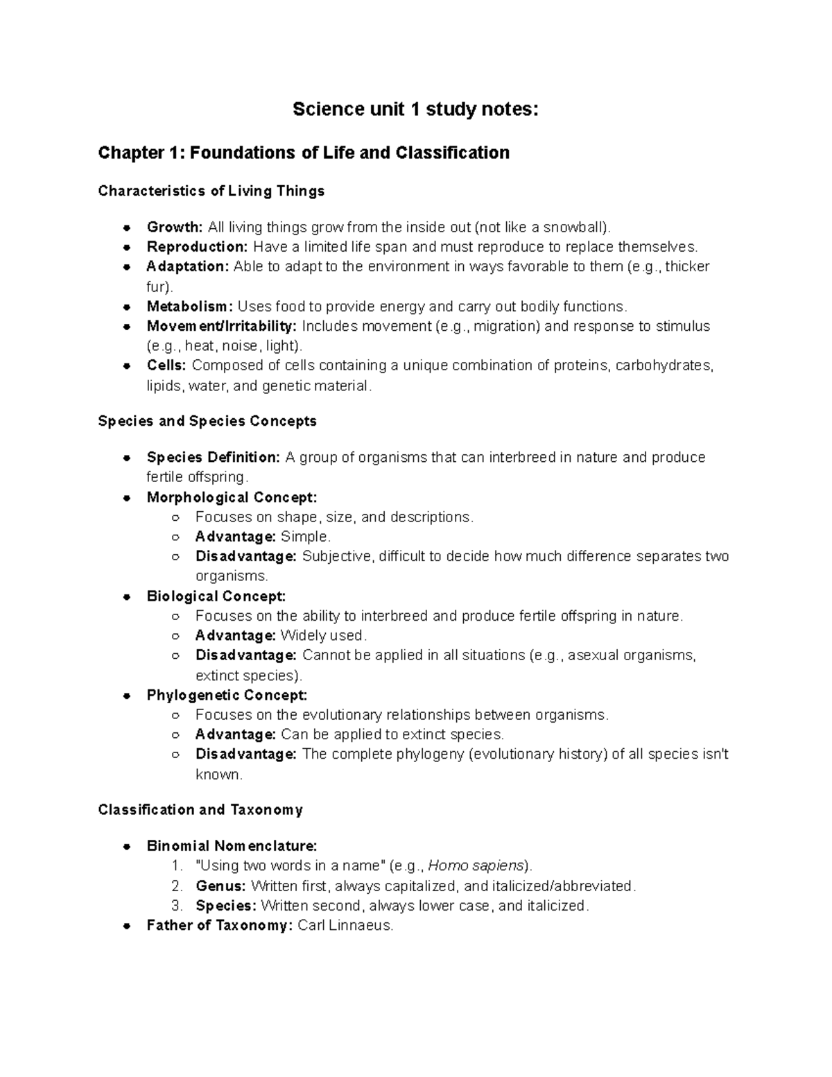 Biology Unit 1 & 2 Study Notes: Grade 11 Foundations & Classification ...