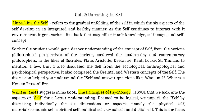 Unit 2: Unpacking the Self - Exploring Six Dimensions of Identity - Studocu
