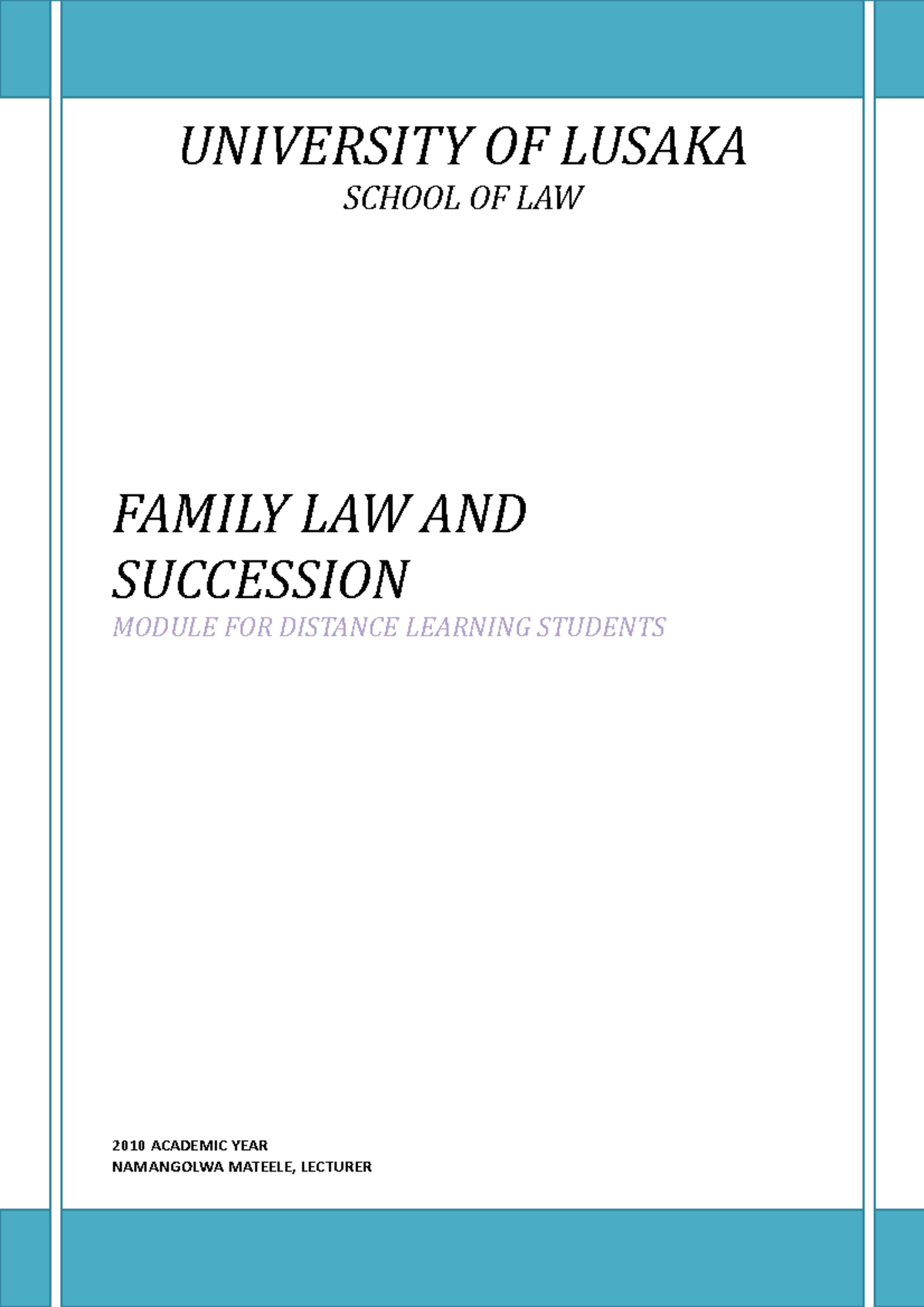Family Law and Succession Module for Distance Learning - UNZA - Studocu