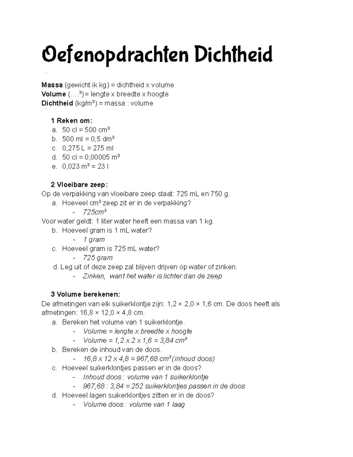 Oefenopdrachten Dichtheid en Volume Berekeningen voor Natuurkunde ...