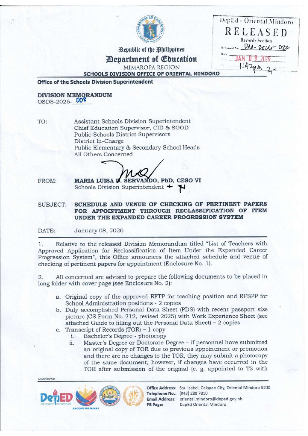 DIVISION MEMO OSDS-2026-008: Schedule for Checking Papers for ...