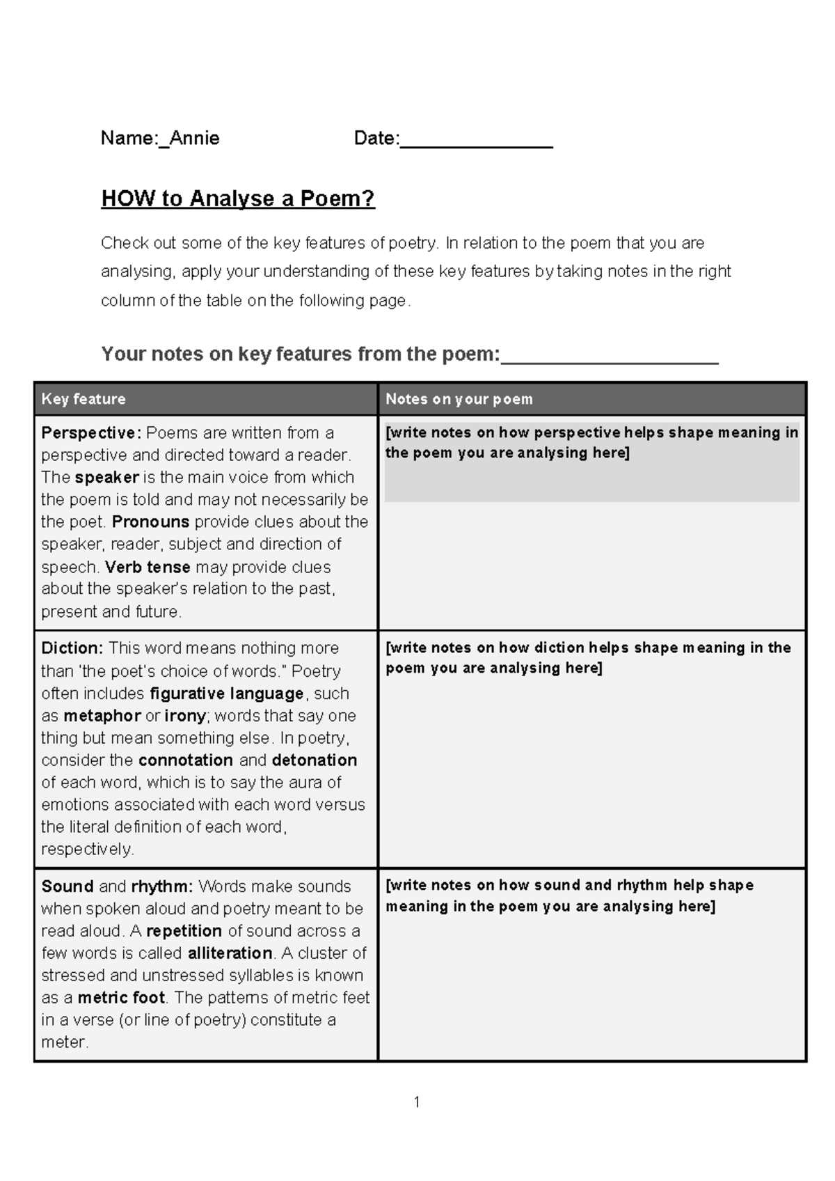 ENG101: Analyse a Poem Activity - Key Features & Techniques - Studocu