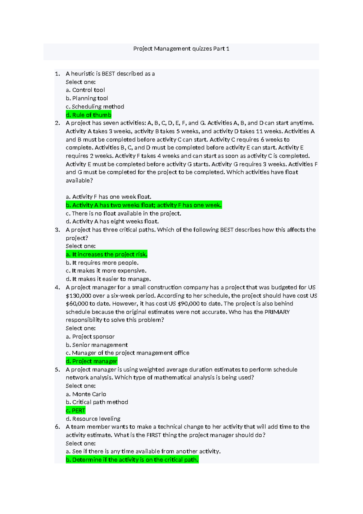 Project Management Quiz 1: Key Concepts and Questions - Studocu