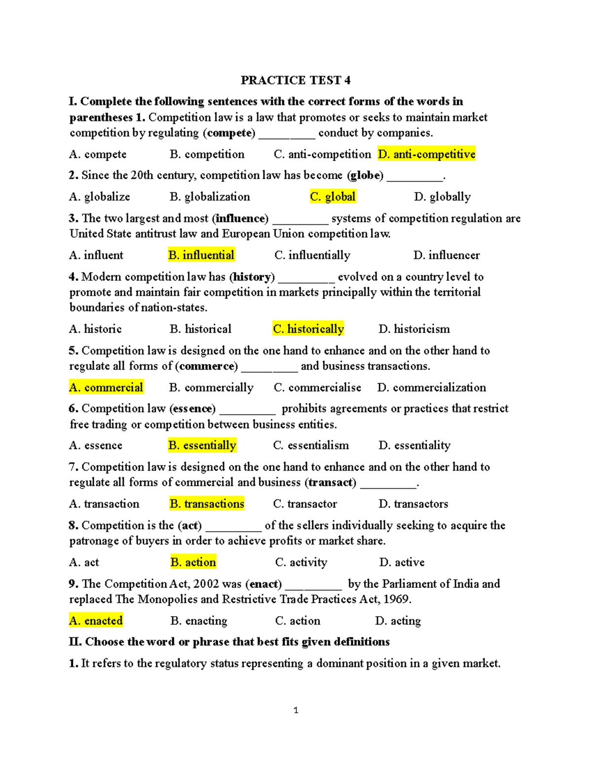 Practice Test 4 - Basic English Exercises on Competition Law - Studocu