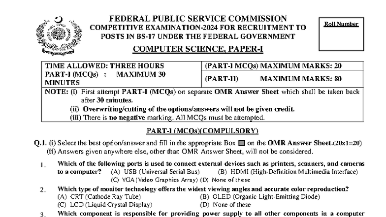 CS 101: Federal Public Service Commission Competitive Exam Paper 1 ...