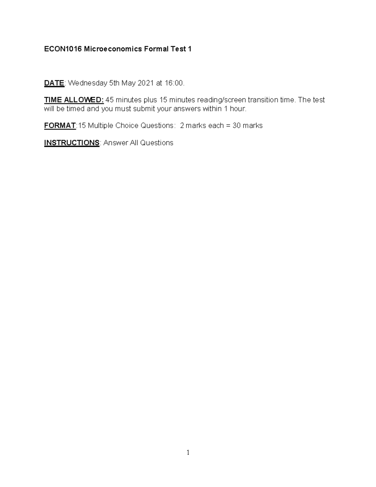 ECON1016 Microeconomics Formal Test 1 Review 2021 - Studocu