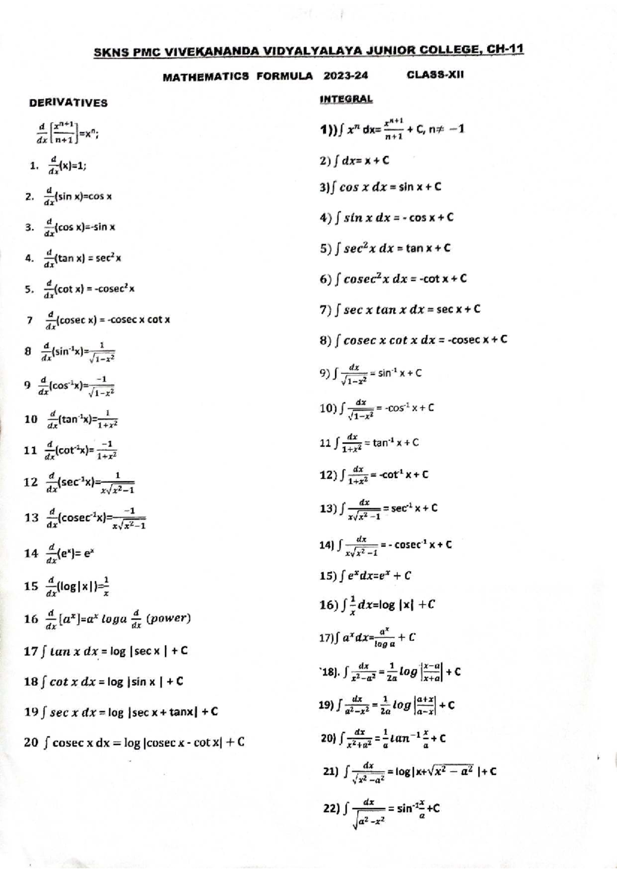 12th Maths Formula: Derivatives & Integrals - SKNS PMC - Studocu