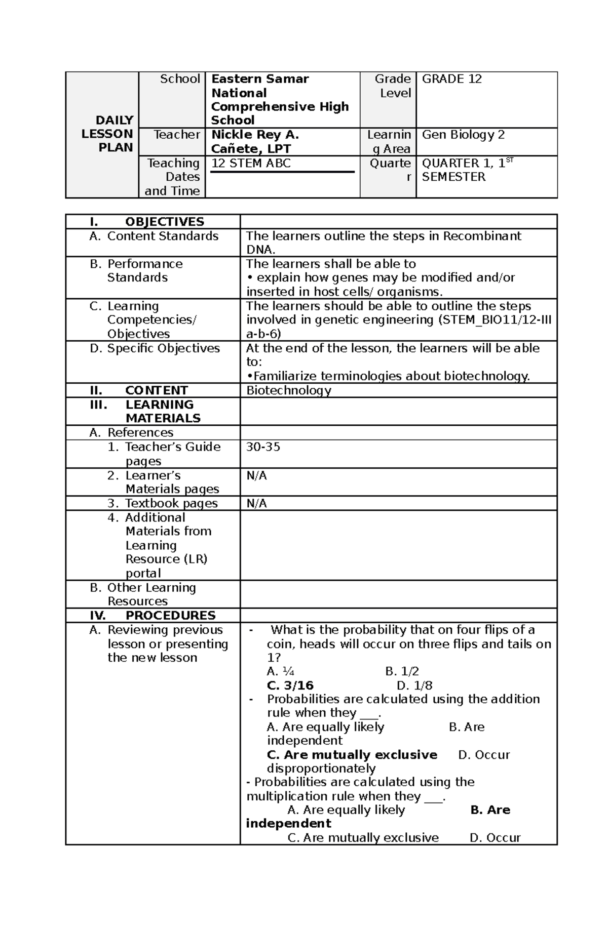 DLP-GB2 Grade 12 Lesson Plan on Recombinant DNA Techniques - Studocu
