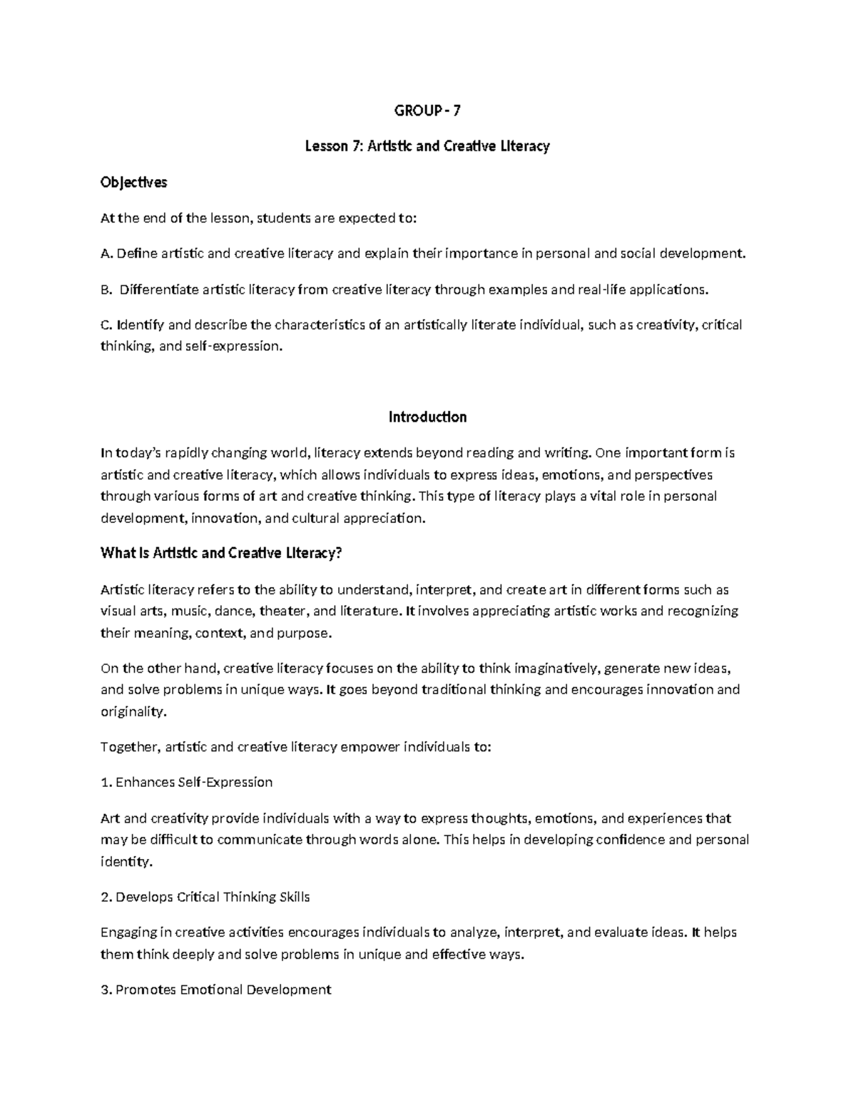 GROUP 7 Lesson 7: Understanding Artistic & Creative Literacy - Studocu