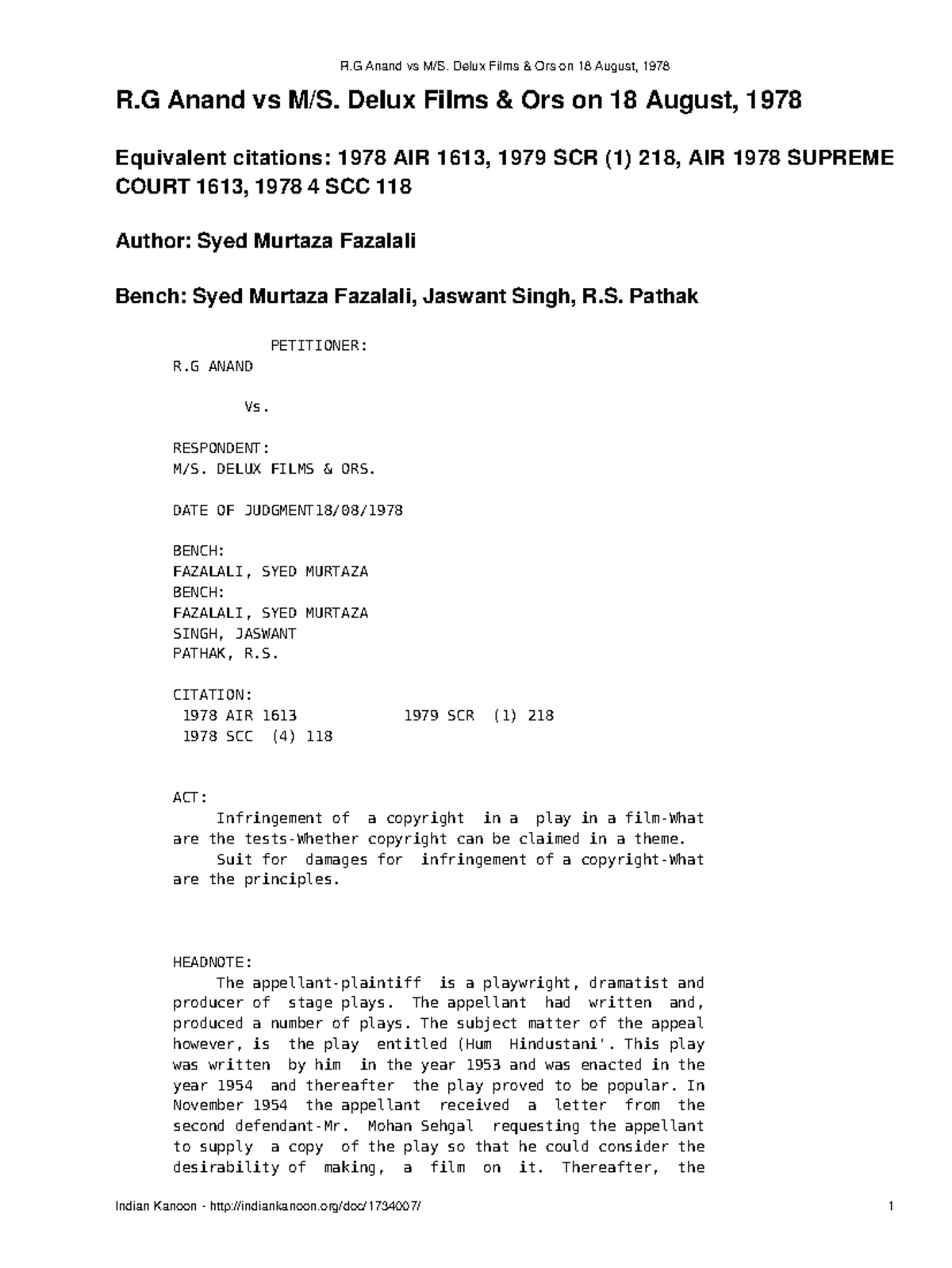 R.G. Anand vs. M.S. Delux Films: Copyright Infringement Case Analysis ...