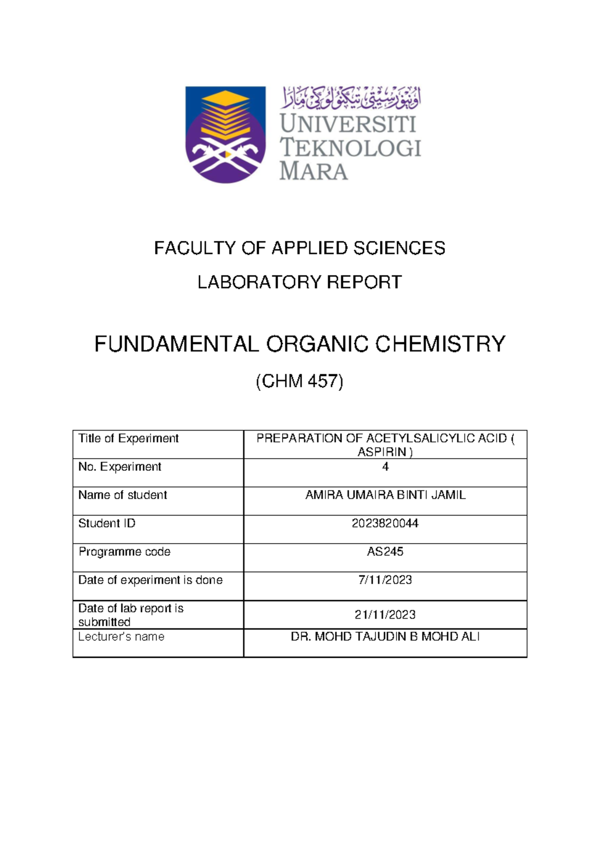 Lab Report EXP 4 CHM457 - FACULTY OF APPLIED SCIENCES LABORATORY REPORT ...