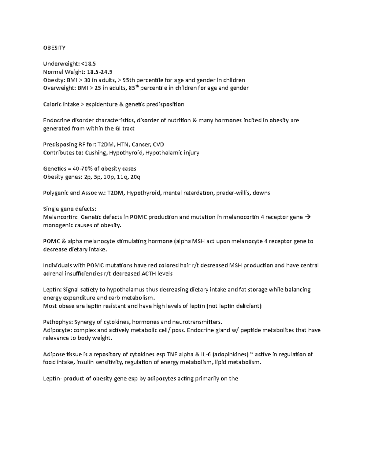 OBG 101: Key Concepts & Notes on Obesity for Test Preparation - Studocu