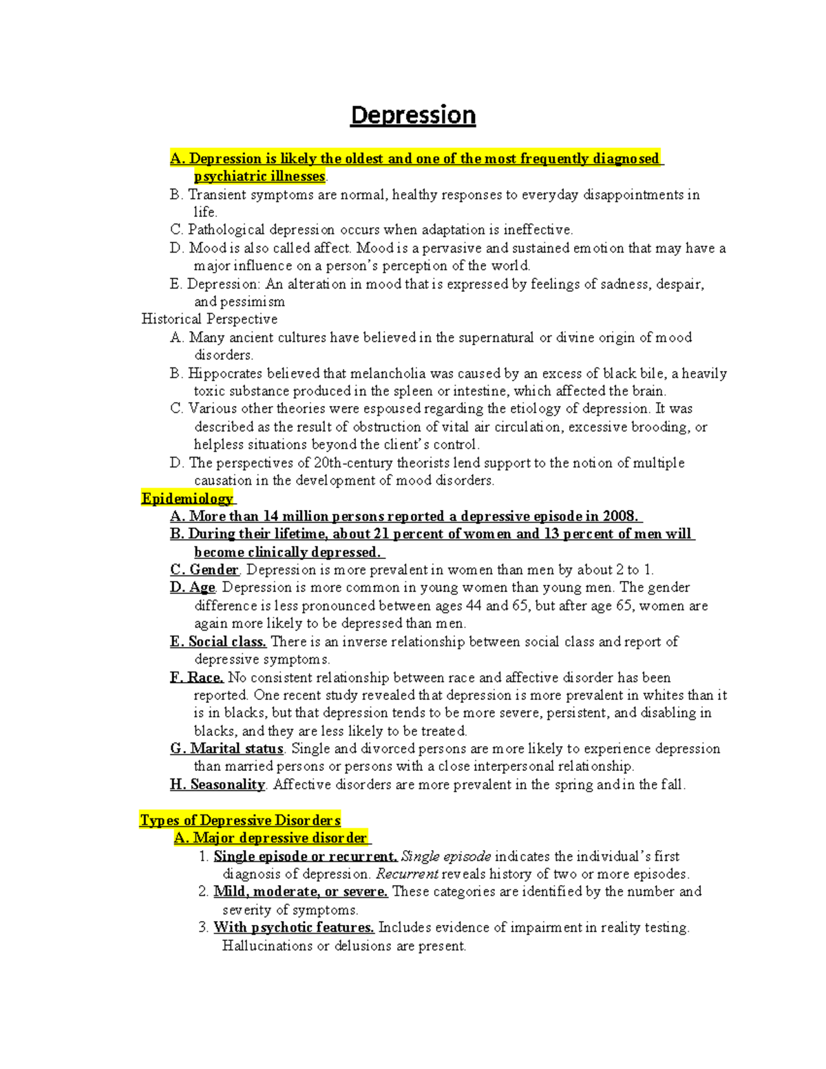 Depression Partial - Mental Health Notes for Exams (Course Code: MH101 ...