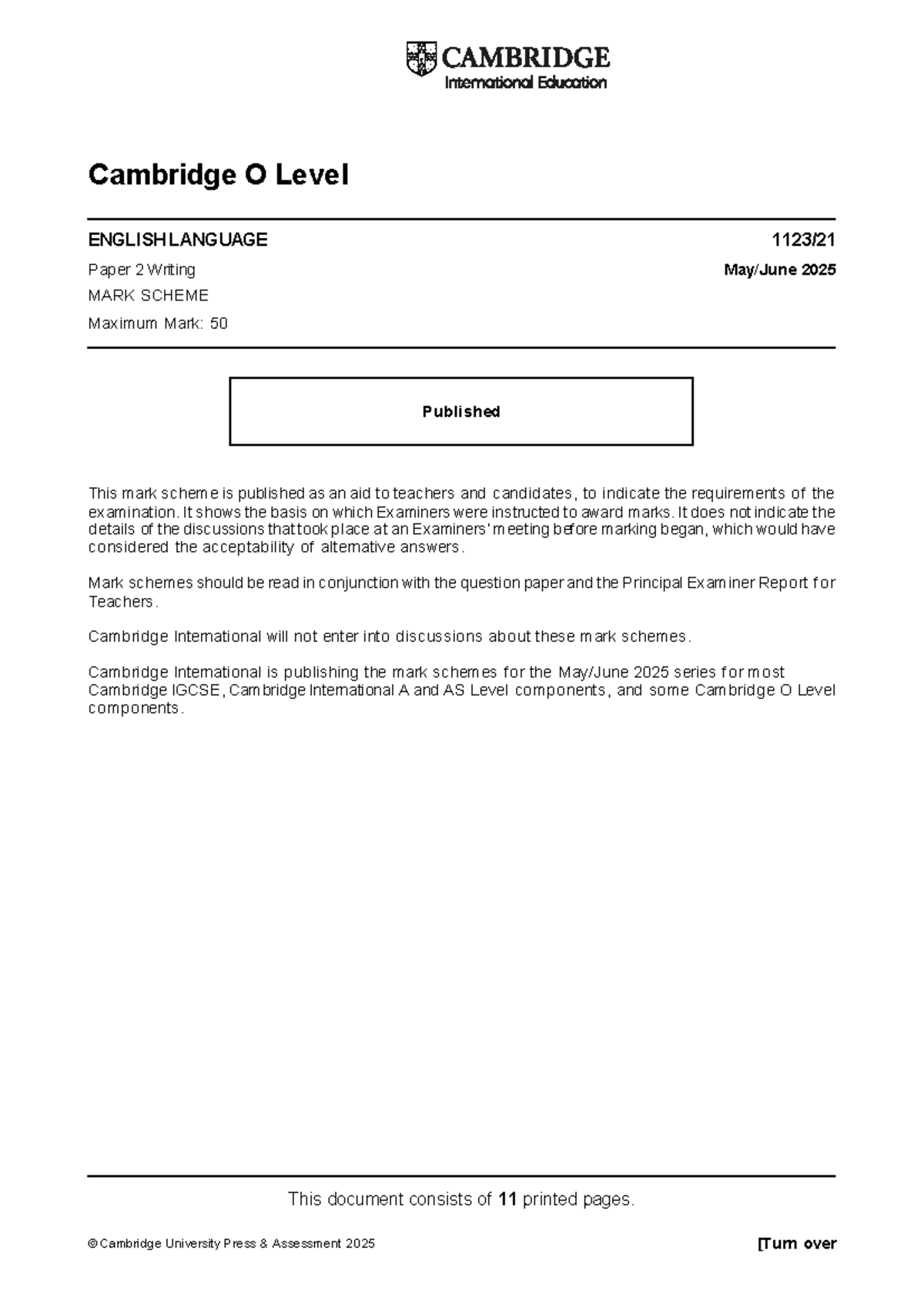 Cambridge O Level English Language Paper 2 Writing 2025 Mark Scheme ...