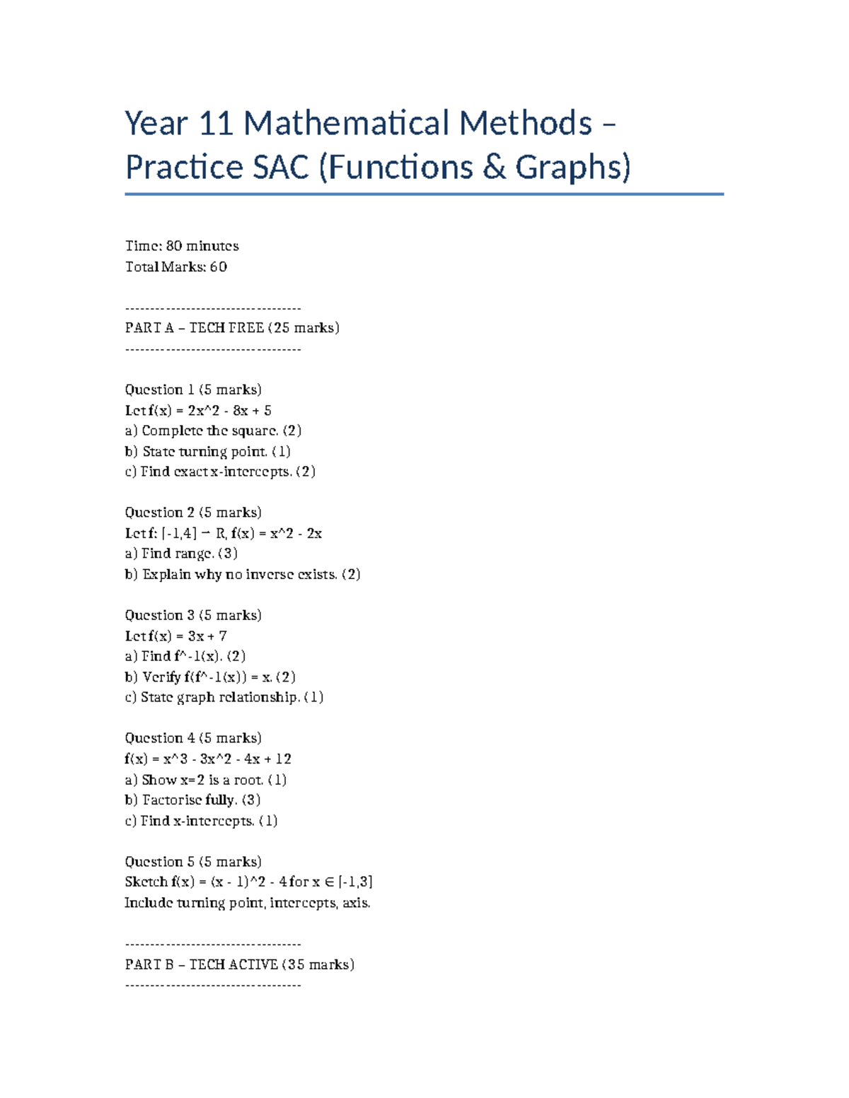 Year 11 Math Methods Practice SAC: Functions & Graphs - Studocu