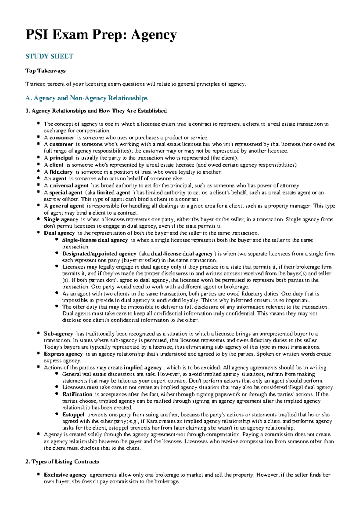 PSI Exam Prep: Agency Study Sheet - Key Concepts for Licensing Exam ...