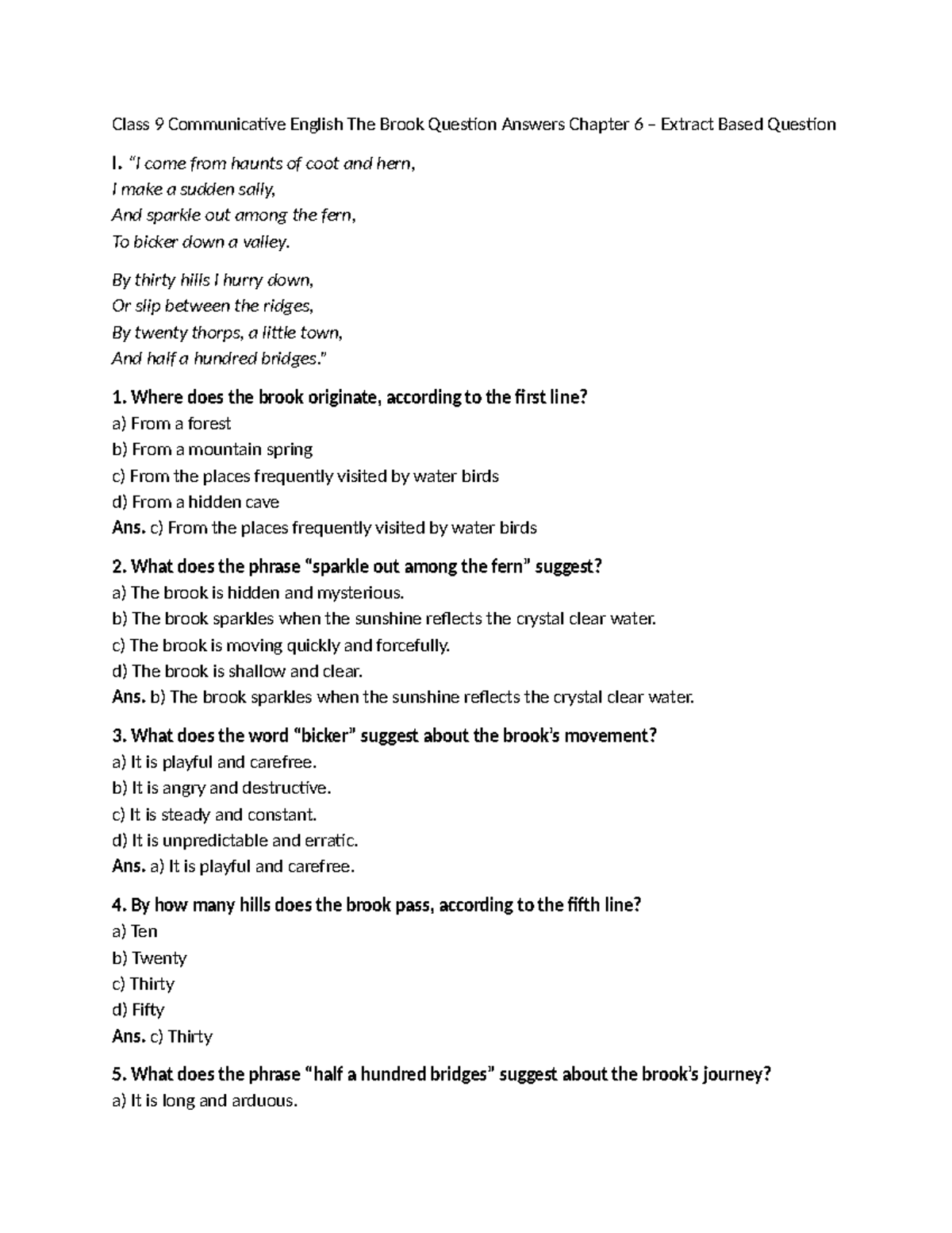 Class 9 Communicative English The Brook Q&A Chapter 6 Insights - Studocu