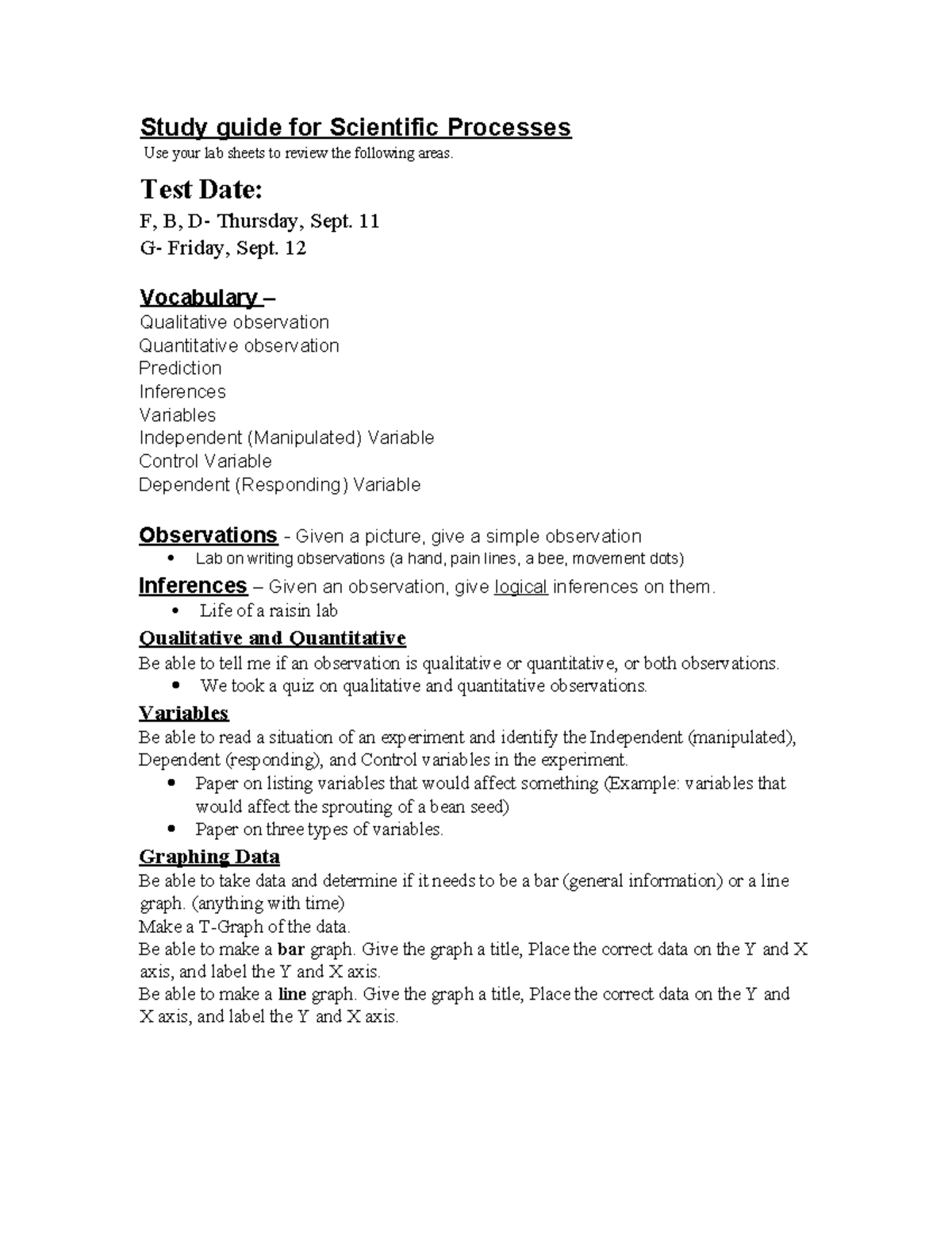 Scientific Processes Study Guide for F, B, D, G Classes - Studocu