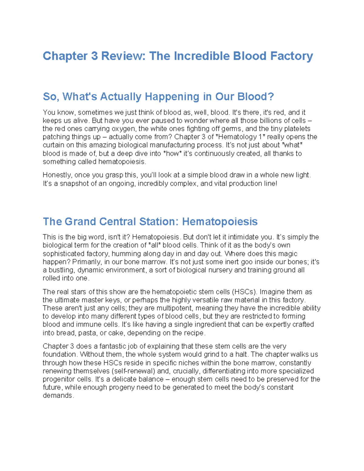 Hematology 1: Chapter 3 Review - The Blood Factory Explained - Studocu