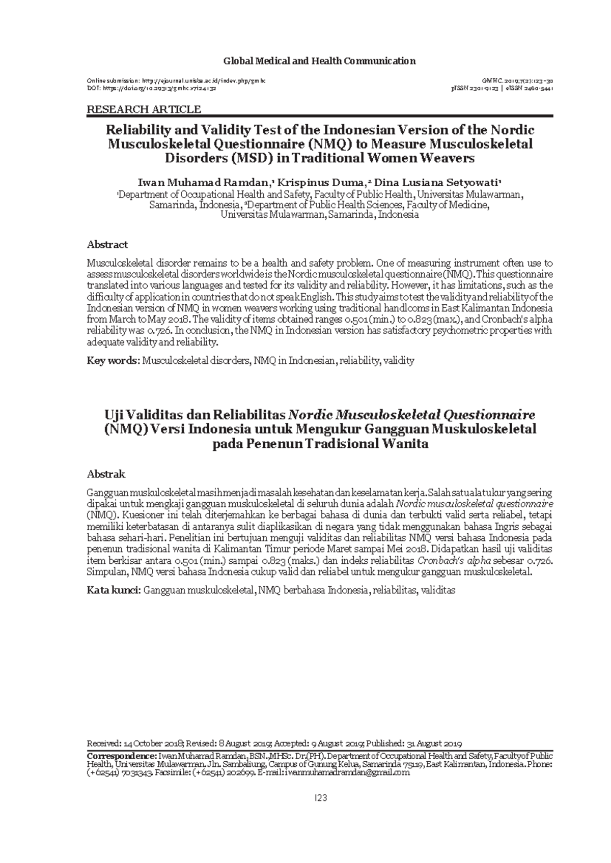 Reliability and Validity of Indonesian Nordic Questionnaire (NMQ) for ...