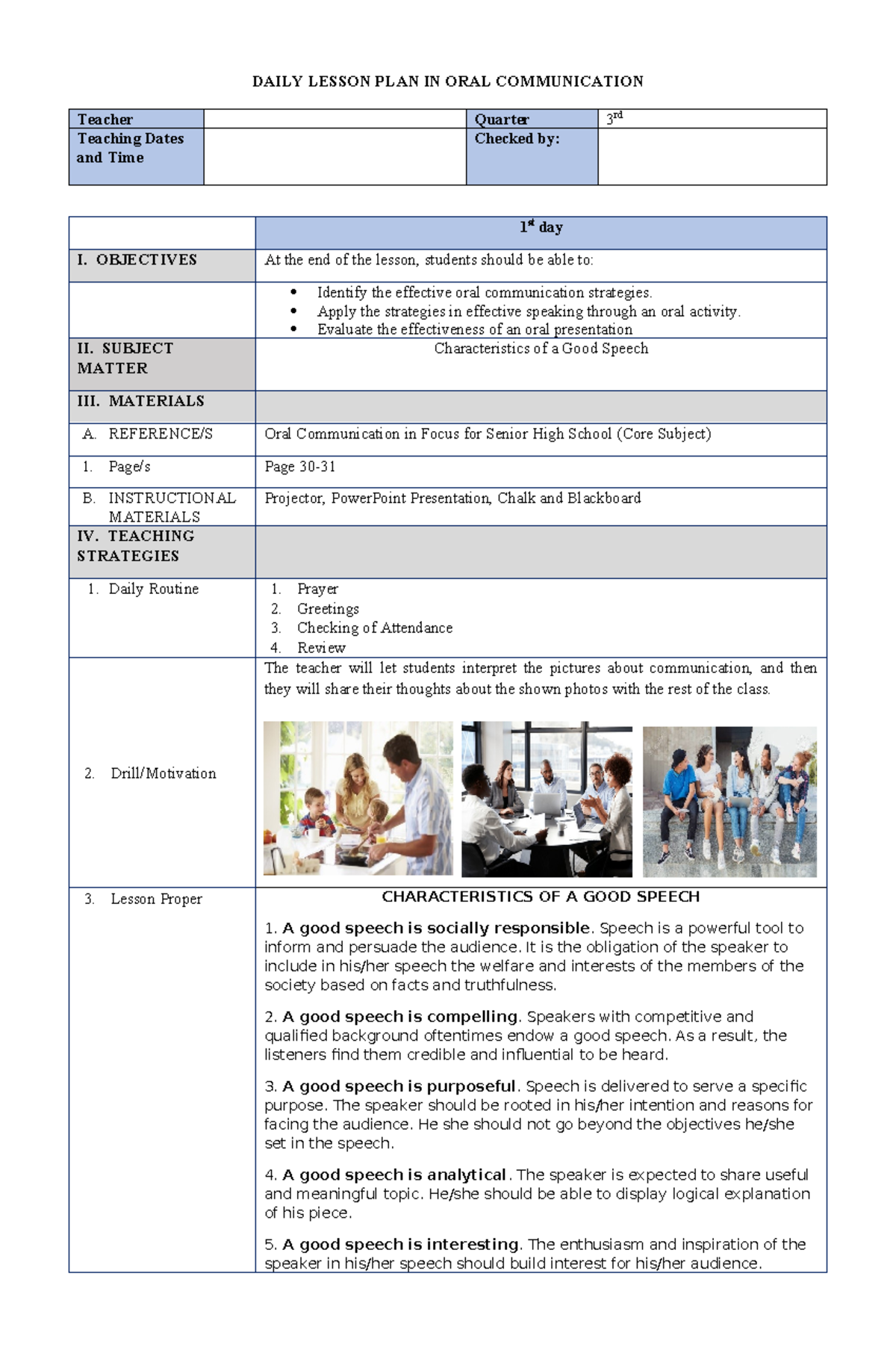 W5 LP - Oral Communication Sample Lesson Plan for 1st Day - Studocu