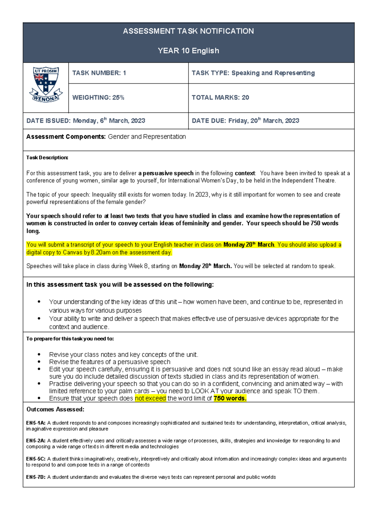 Year 10 English Assessment Task 1 Notification-2 - ASSESSMENT TASK ...