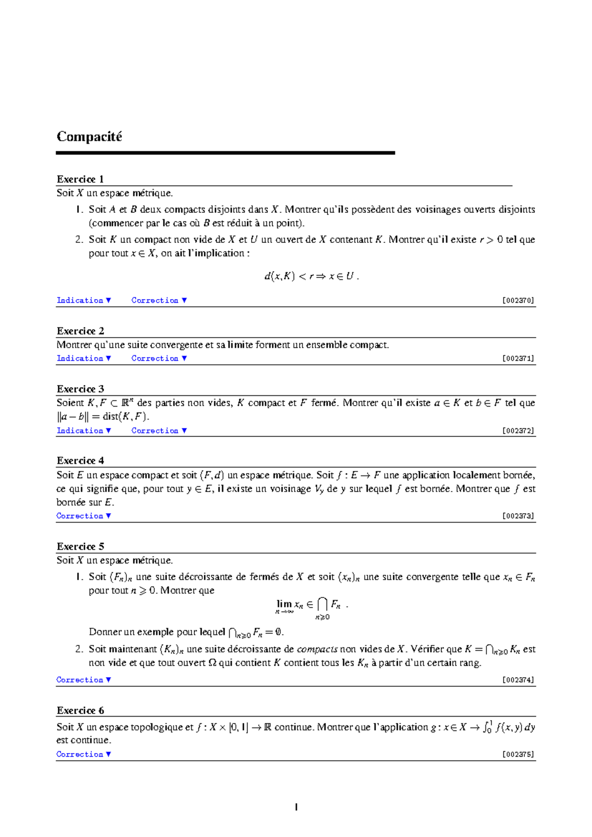 Compacité Exercices de mathématiques - Enoncés : V. Mayer Corrections ...
