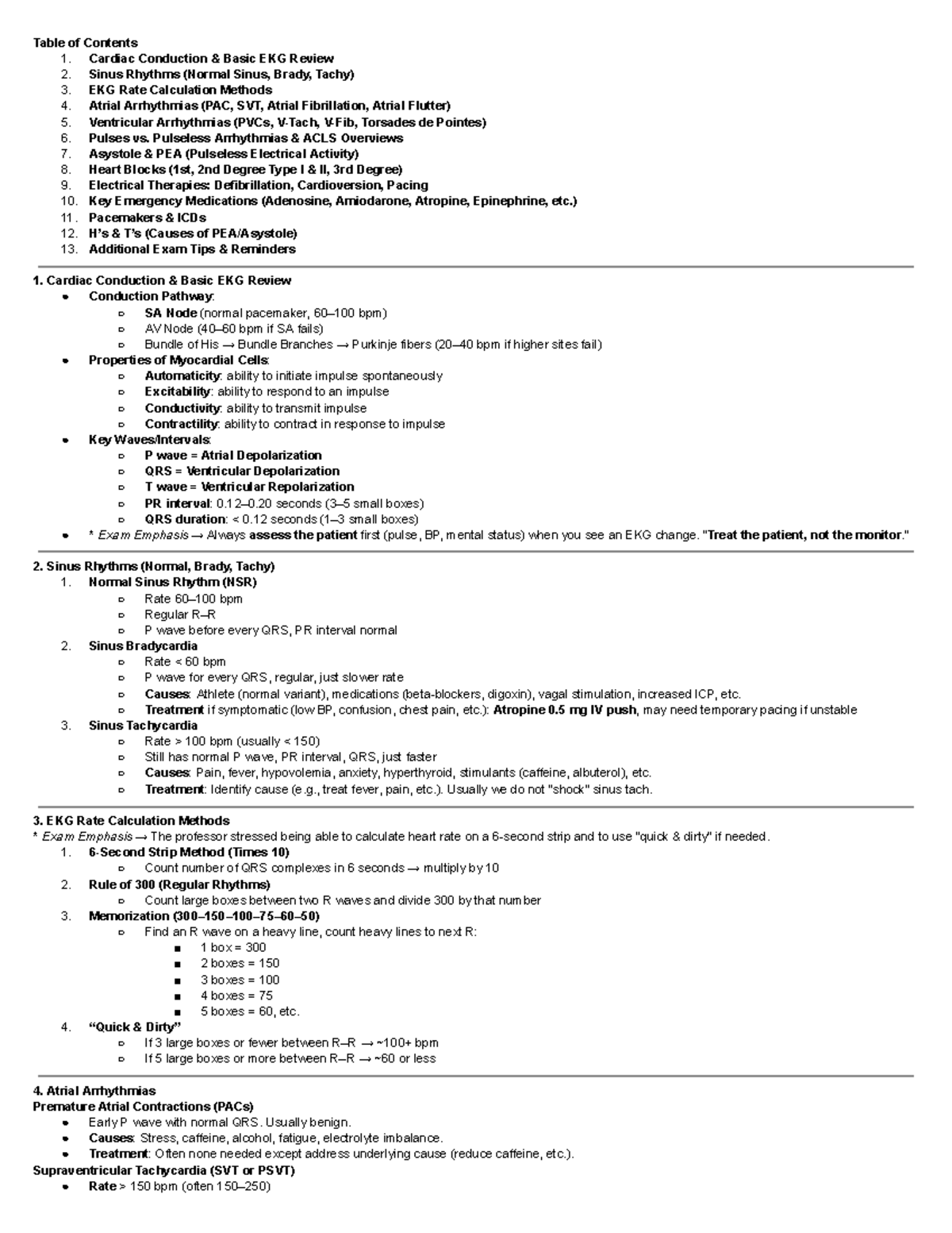 Exam 1 Summary Notes - Key EKG and Cardiac Arrhythmias Concepts - Studocu