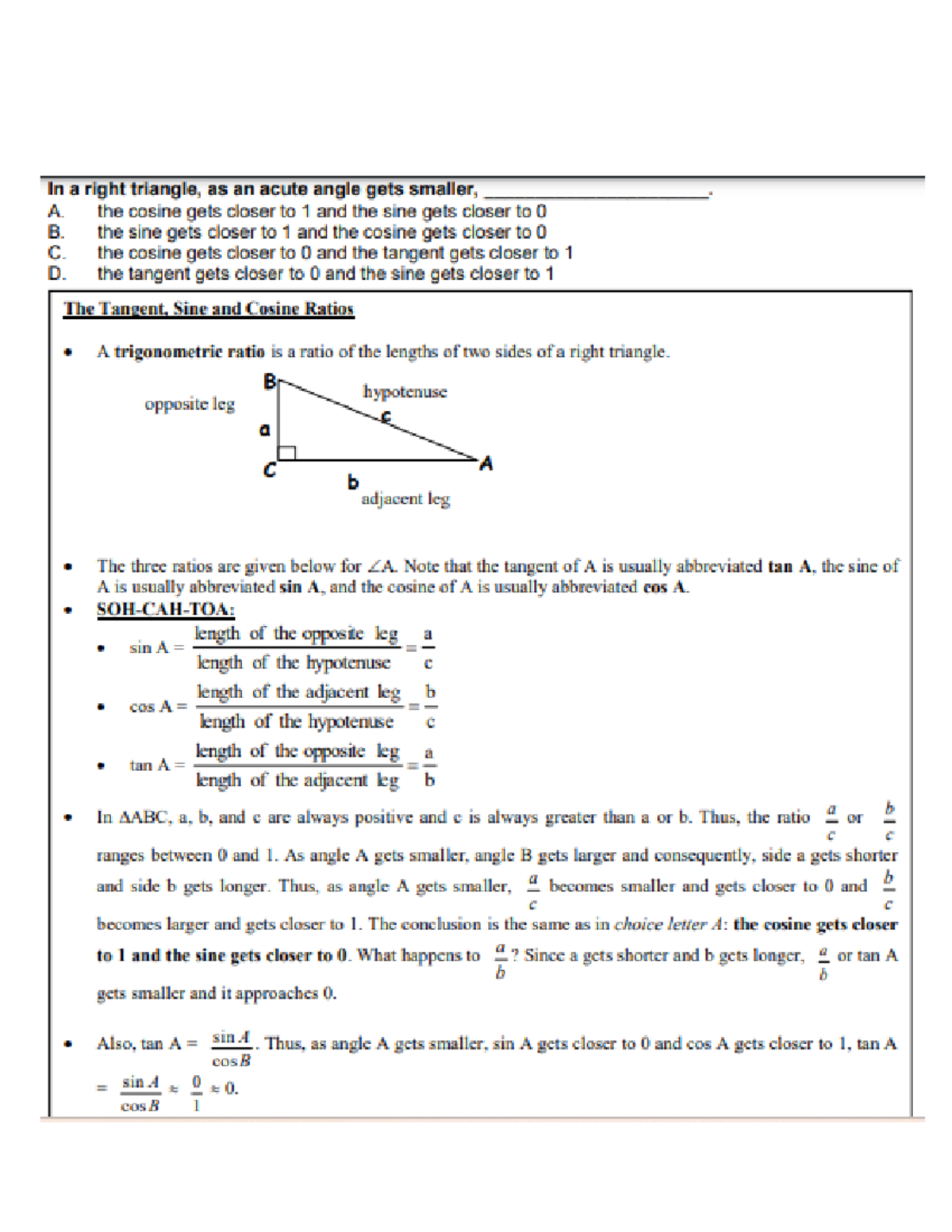Sample questions on trigo - In a right triangle, as an acute angle gets ...