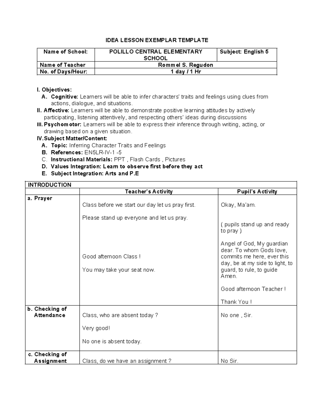 English 5 Lesson Plan: Inferring Character Traits & Feelings - Studocu