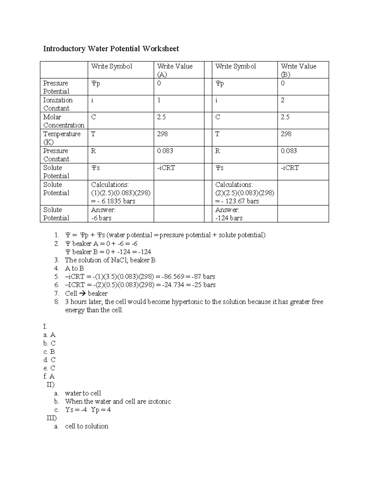 Introwaterpotential - Water potential worksheet - Introductory Water ...