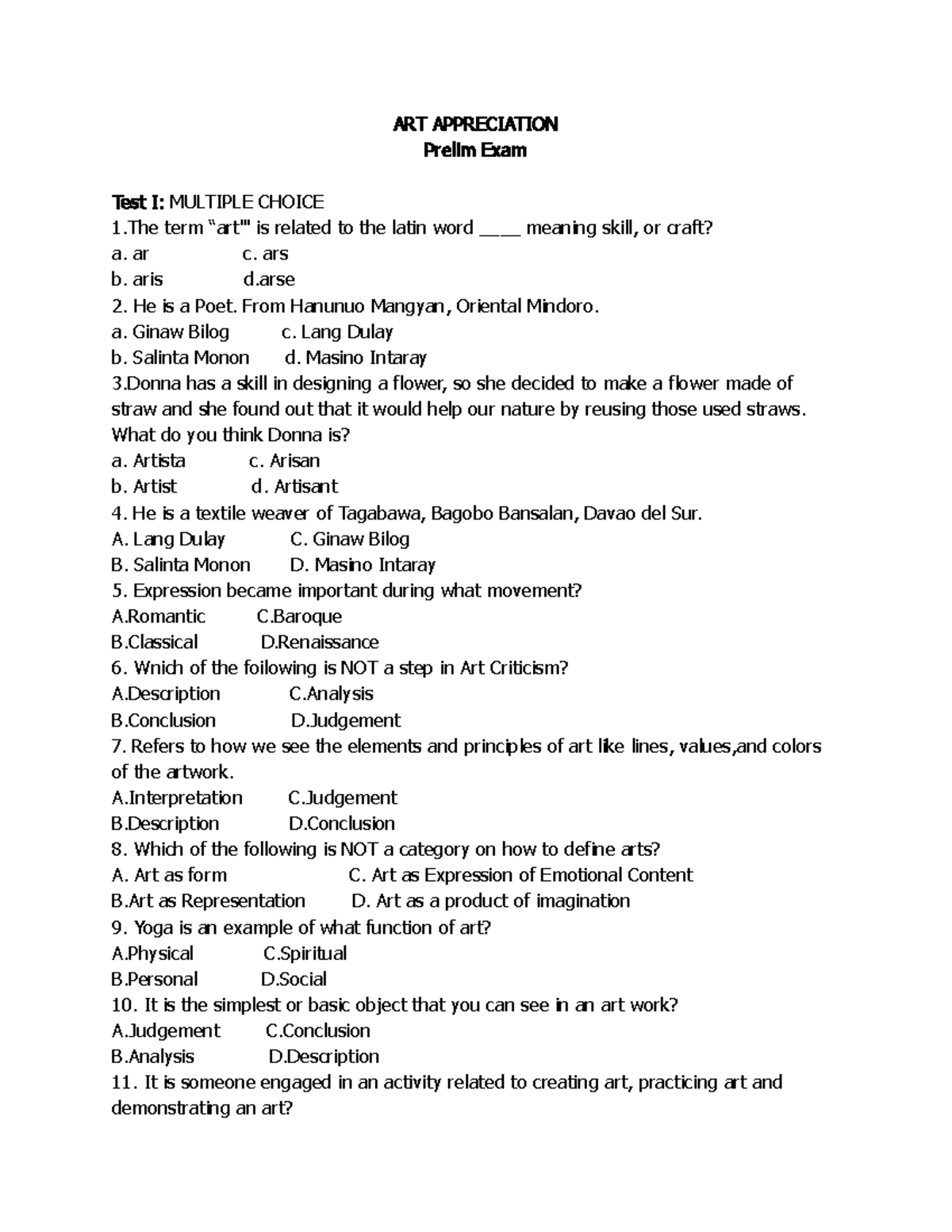 ART APPRECIATION Prelim Exam Test I with Answer Key - Studocu