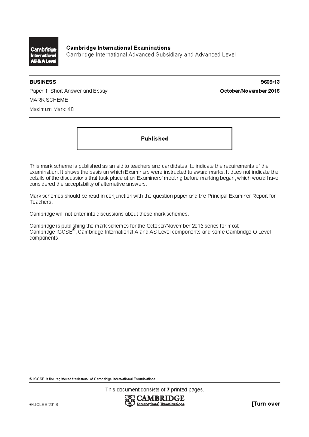 9609 W16 MS 13 - Business Paper 1 Mark Scheme Analysis - Studocu