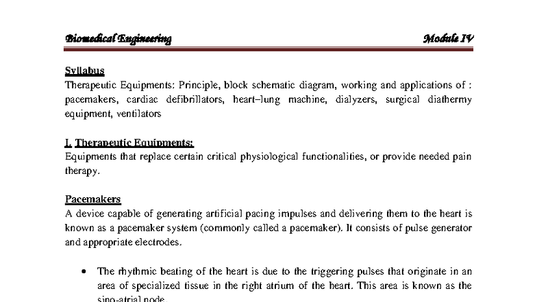 Biomedical Engineering BME Module IV Syllabus: Therapeutic Equipments Overview - Studocu