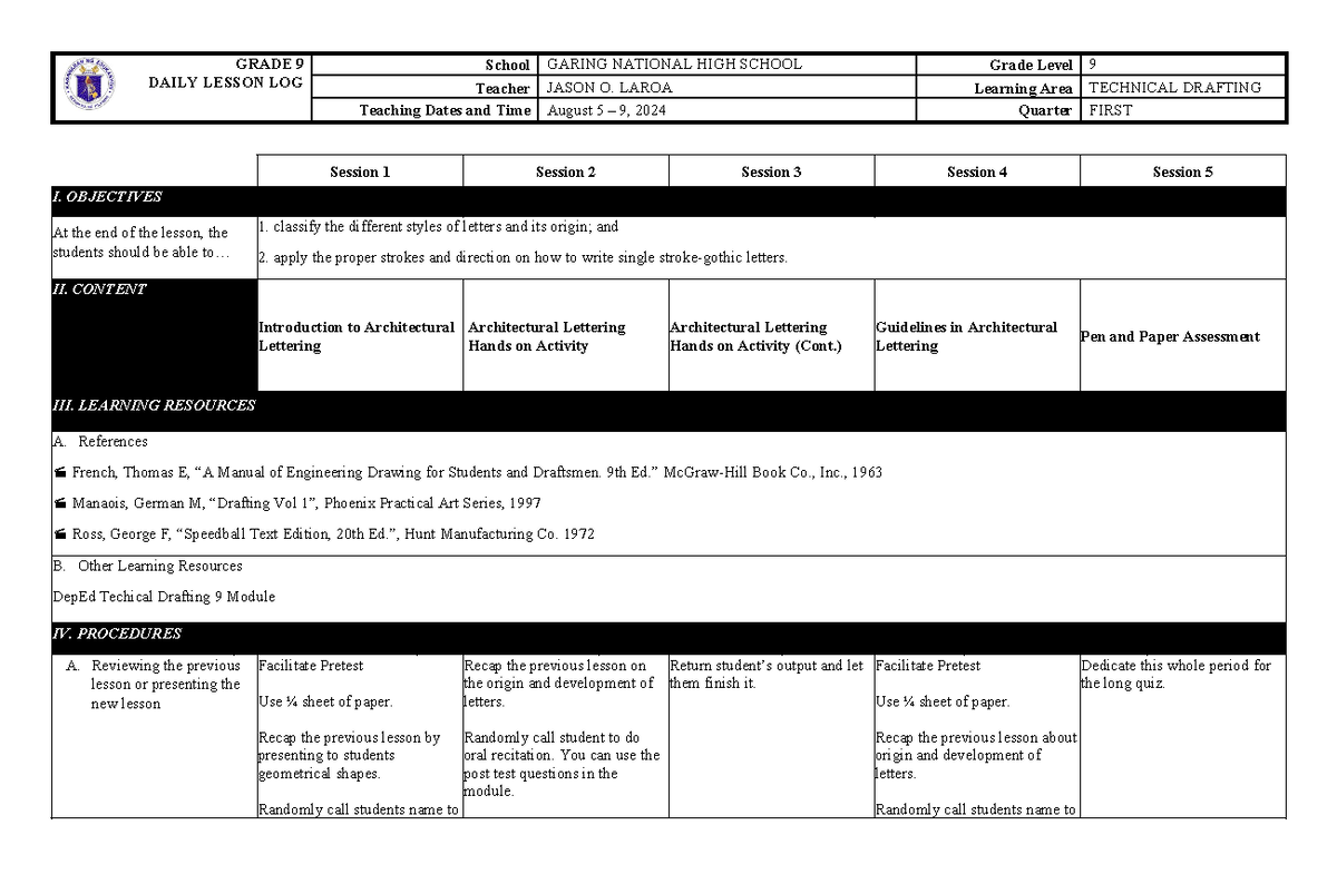 GRADE 9 TECHNICAL DRAFTING DAILY LESSON LOG Q1 W2 - LAROA - Studocu