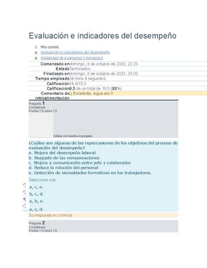 Examen primer parcial - Evaluación e indicadores del desempeño Pregunta 1 Completada Puntúa 1 ...