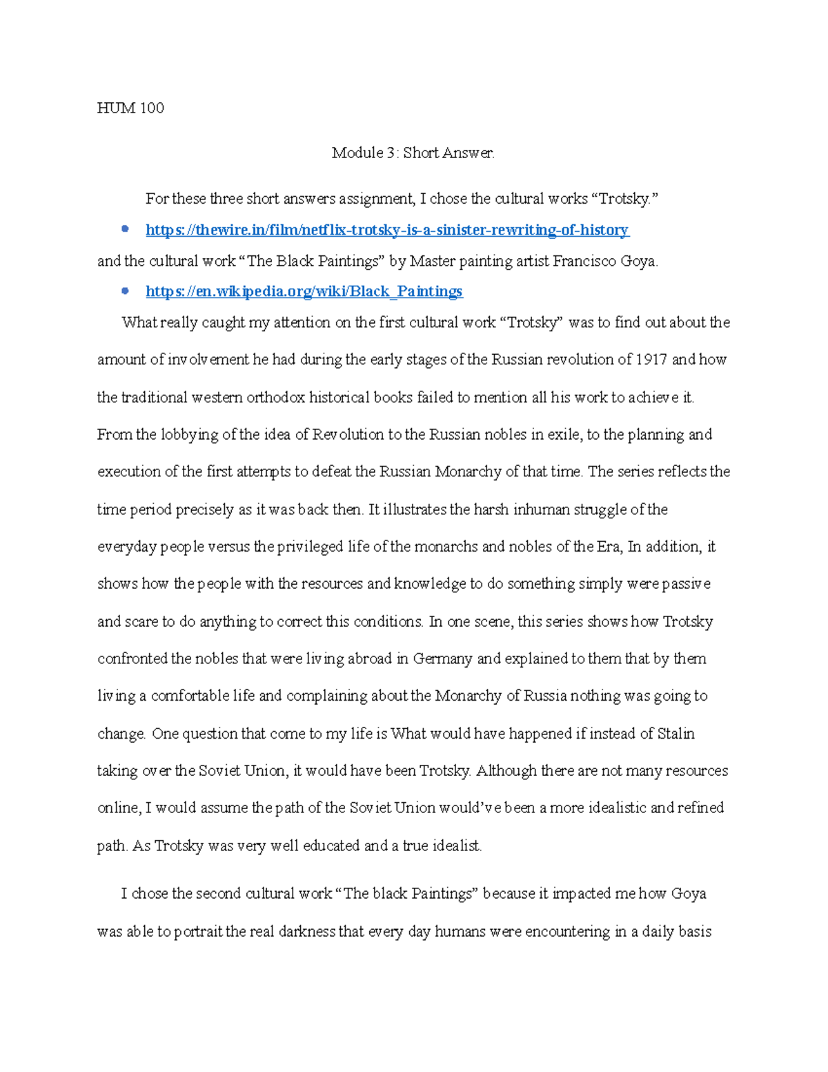 HUM 100 Module 3: Short Answer on Goya's Cultural Impact - Studocu