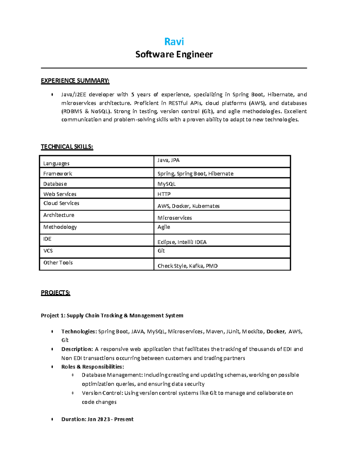 Ravi Java Developer Experience Summary & Technical Skills Overview - Studocu