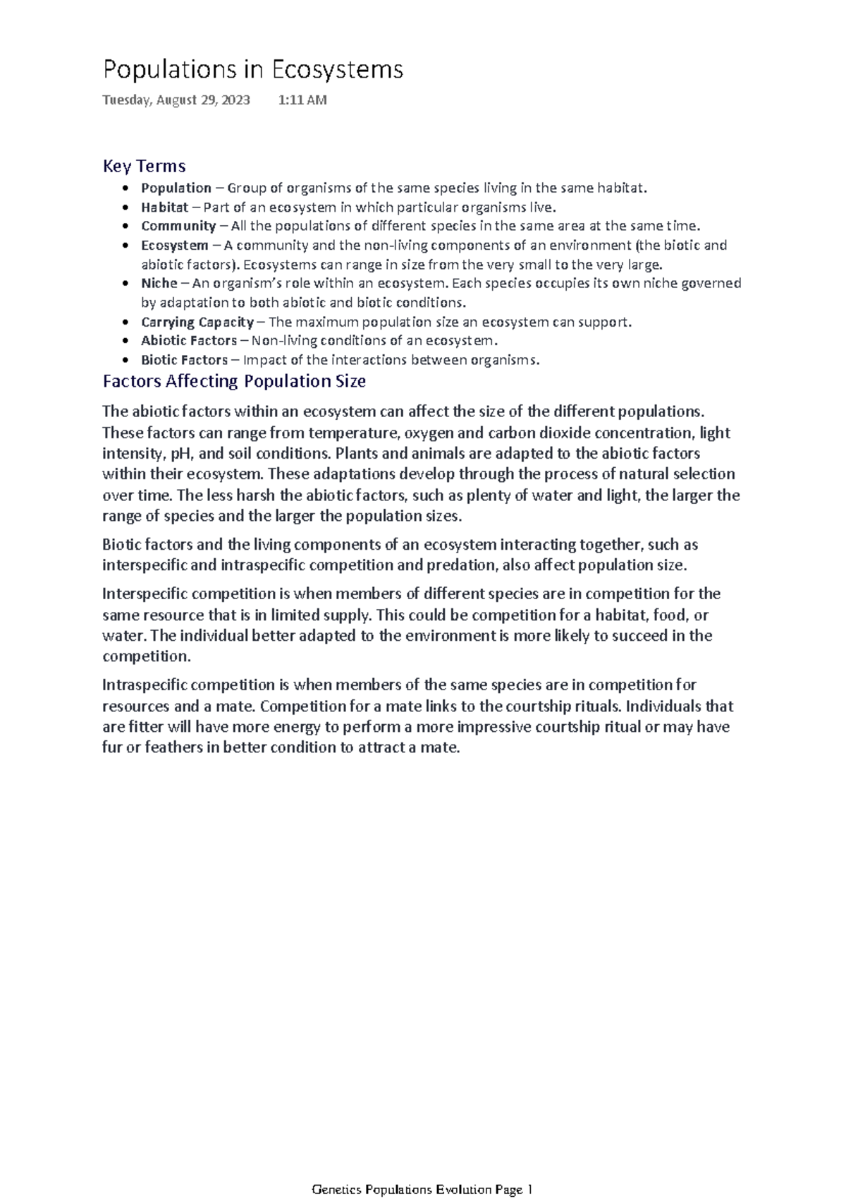 Biology Revision Notes (BIOL101) on Population and Ecosystem Dynamics ...